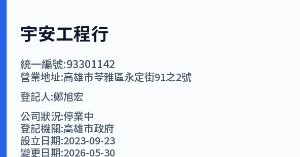 宇安工程行的照片-統編 93301142(高雄市) 公司登記資料與營業項目詳細圖表