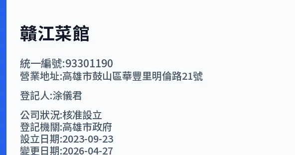 贛江菜館的照片-統編 93301190(高雄市) 公司登記資料與營業項目詳細圖表