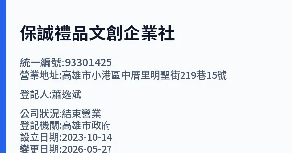 保誠禮品文創企業社的照片-統編 93301425(高雄市) 公司登記資料與營業項目詳細圖表
