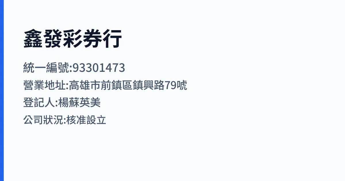 鑫發彩券行 - 統編 93301473(高雄市) 公司登記資料與營業項目詳細圖表
