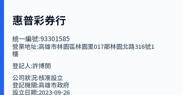 惠普彩券行的照片-統編 93301585(高雄市) 公司登記資料與營業項目詳細圖表