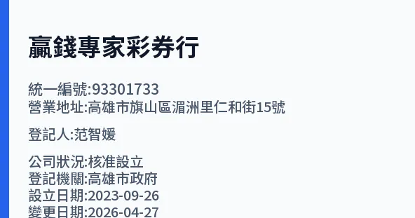 贏錢專家彩券行的照片-統編 93301733(高雄市) 公司登記資料與營業項目詳細圖表