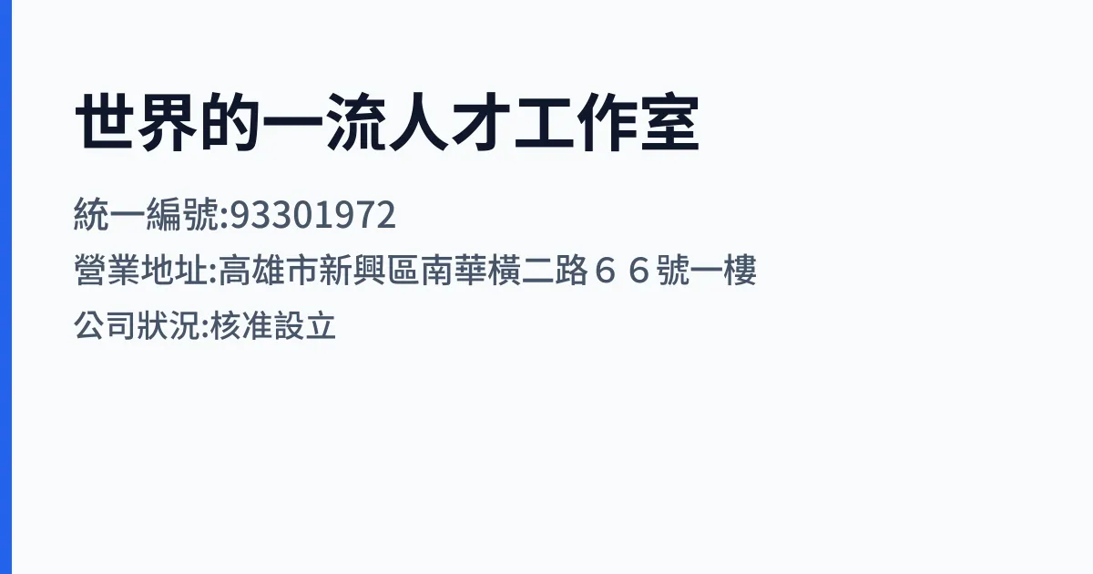 世界的一流人才工作室 - 統編 93301972（高雄市） 公司登記資料與營業項目詳細圖表