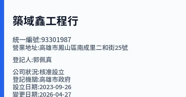 築域鑫工程行的照片-統編 93301987(高雄市) 公司登記資料與營業項目詳細圖表