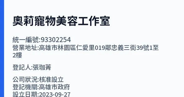 奧莉寵物美容工作室的照片-統編 93302254(高雄市) 公司登記資料與營業項目詳細圖表