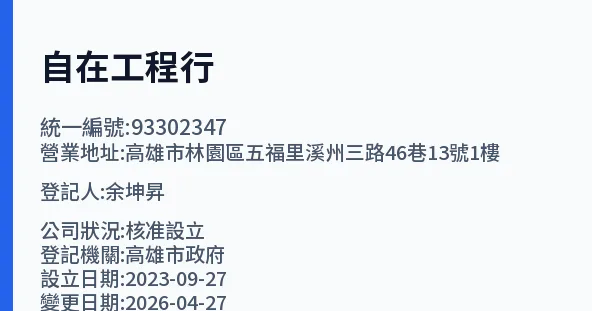 自在工程行的照片-統編 93302347(高雄市) 公司登記資料與營業項目詳細圖表