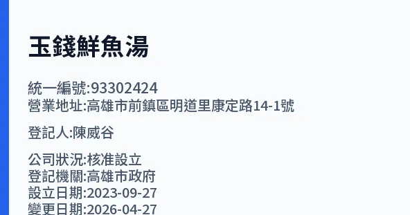 玉錢鮮魚湯的照片-統編 93302424(高雄市) 公司登記資料與營業項目詳細圖表