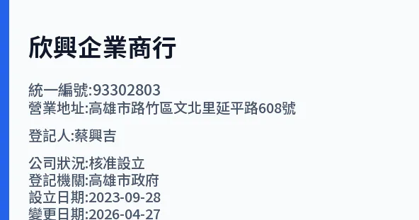 欣興企業商行的照片-統編 93302803(高雄市) 公司登記資料與營業項目詳細圖表