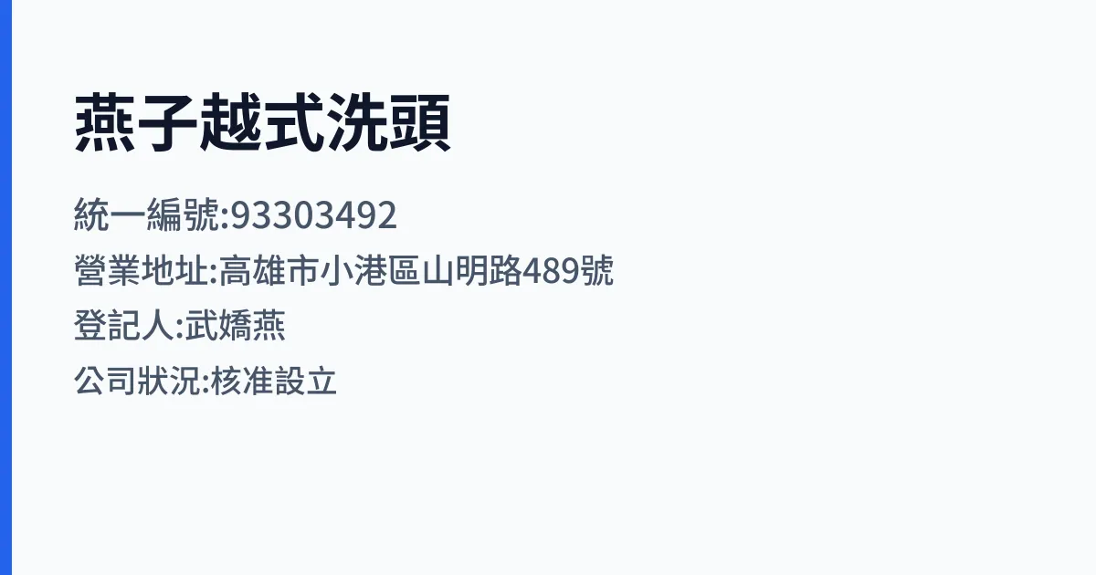 燕子越式洗頭 - 統編 93303492(高雄市) 公司登記資料與營業項目詳細圖表