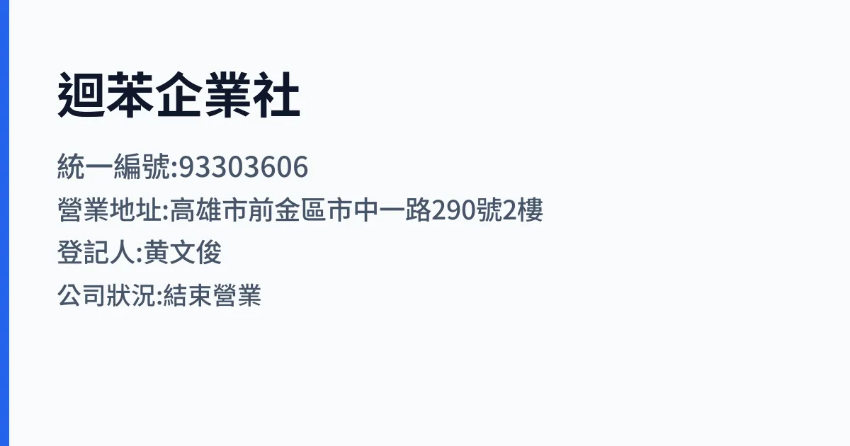 迴苯企業社 - 統編 93303606(高雄市) 公司登記資料與營業項目詳細圖表