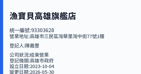 漁寶貝高雄旗艦店的照片-統編 93303628(高雄市) 公司登記資料與營業項目詳細圖表