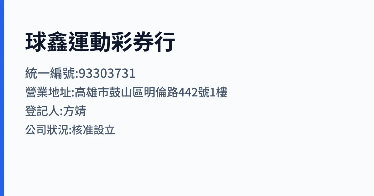 球鑫運動彩券行 - 統編 93303731(高雄市) 公司登記資料與營業項目詳細圖表
