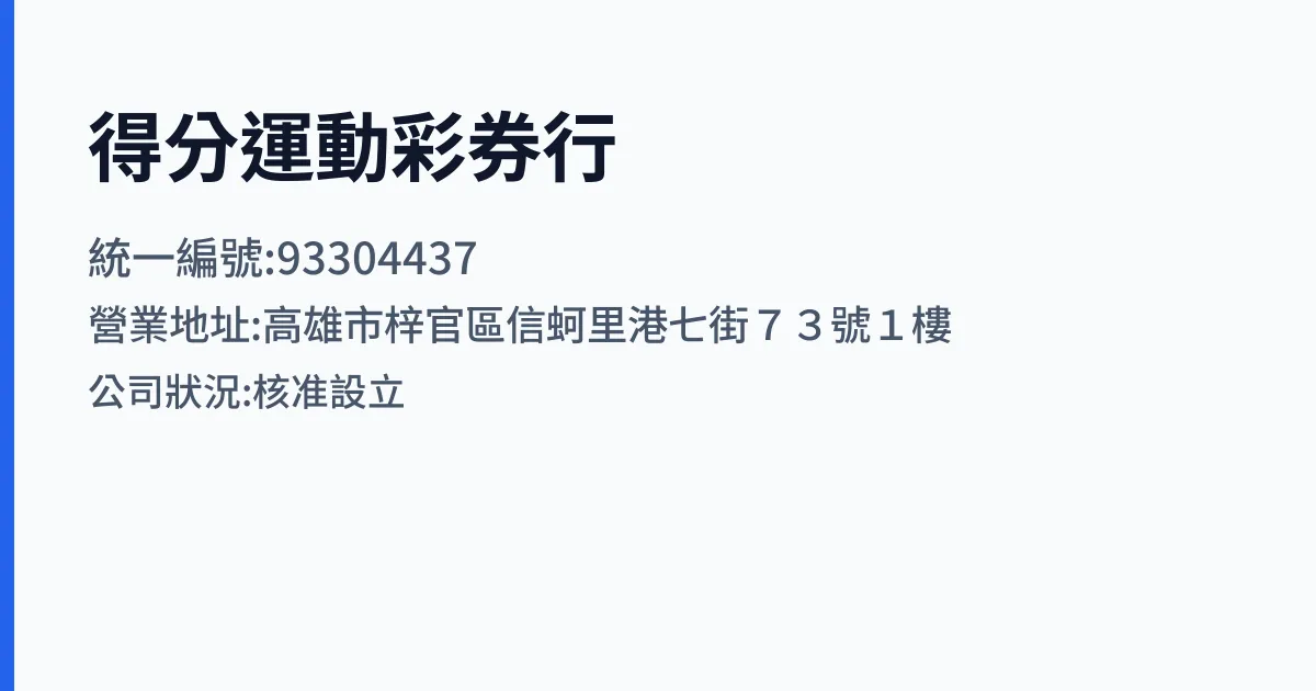得分運動彩券行 - 統編 93304437(高雄市) 公司登記資料與營業項目詳細圖表