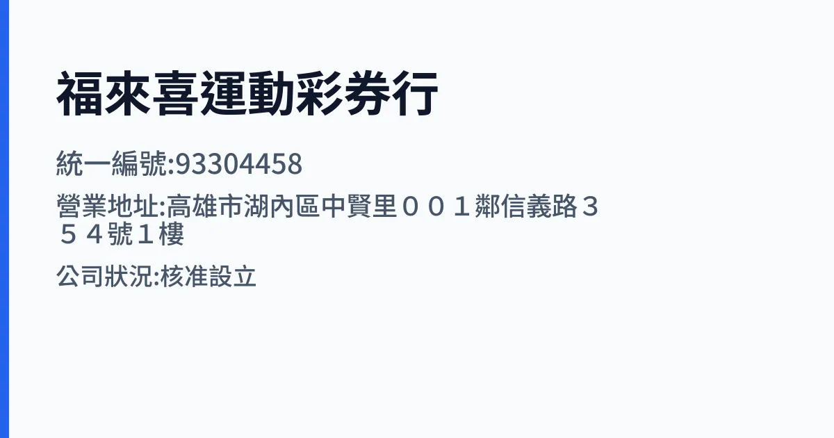 福來喜運動彩券行 - 統編 93304458(高雄市) 公司登記資料與營業項目詳細圖表