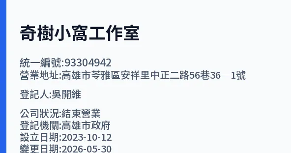 奇樹小窩工作室的照片-統編 93304942(高雄市) 公司登記資料與營業項目詳細圖表