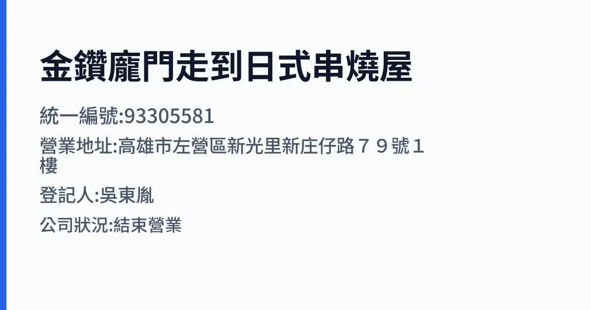金鑽龐門走到日式串燒屋 - 統編 93305581(高雄市) 公司登記資料與營業項目詳細圖表