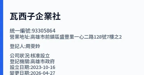瓦西子企業社的照片-統編 93305864(高雄市) 公司登記資料與營業項目詳細圖表