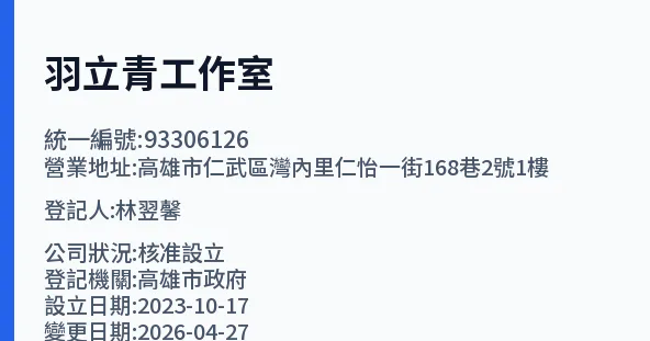 羽立青工作室的照片-統編 93306126(高雄市) 公司登記資料與營業項目詳細圖表