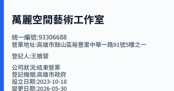 萬麗空間藝術工作室的照片-統編 93306688(高雄市) 公司登記資料與營業項目詳細圖表