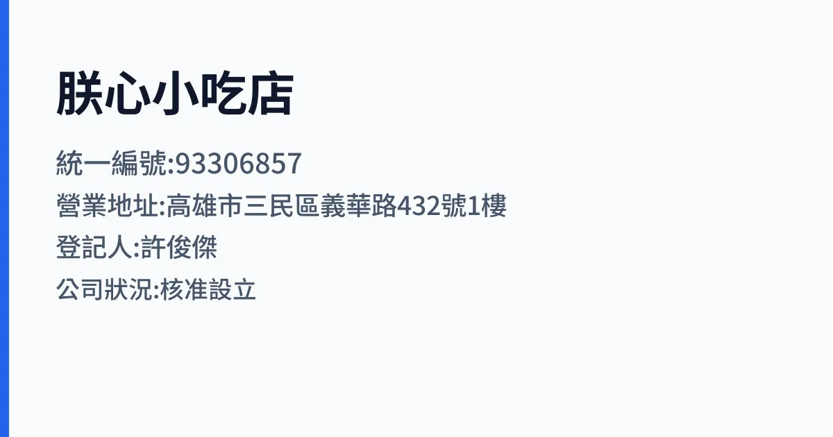 朕心小吃店 - 統編 93306857(高雄市) 公司登記資料與營業項目詳細圖表