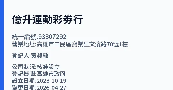 億升運動彩劵行的照片-統編 93307292(高雄市) 公司登記資料與營業項目詳細圖表