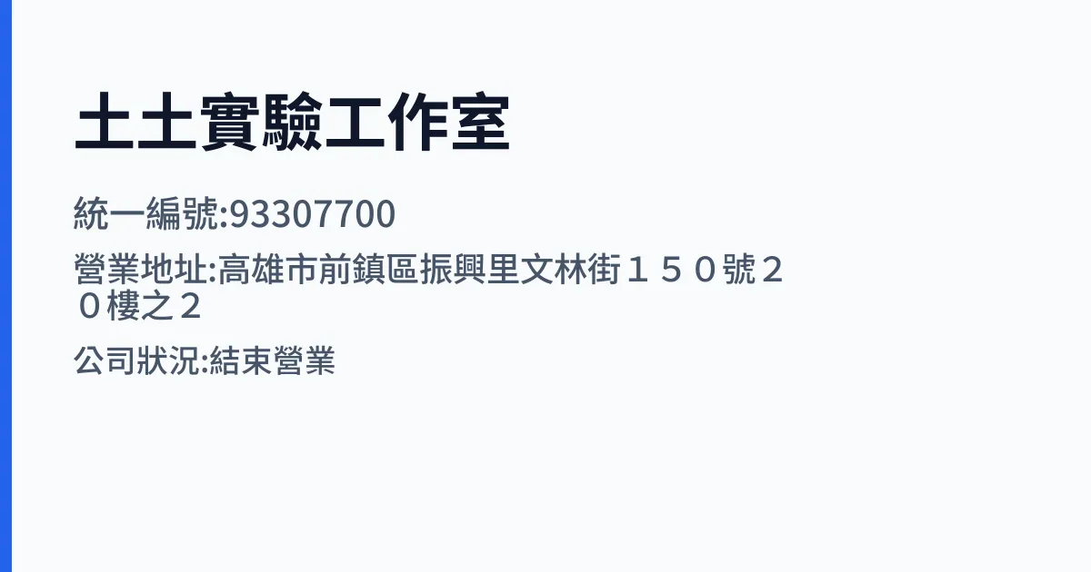 土土實驗工作室 - 統編 93307700(高雄市) 公司登記資料與營業項目詳細圖表