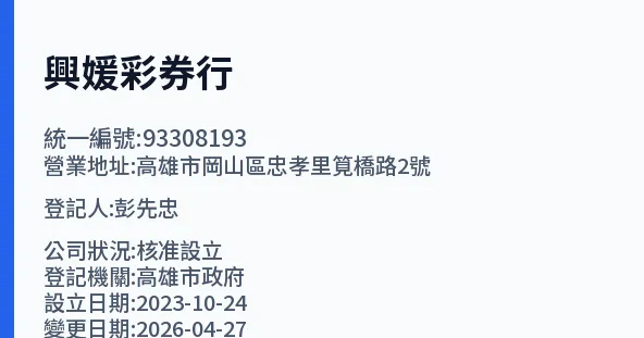 興媛彩券行的照片-統編 93308193(高雄市) 公司登記資料與營業項目詳細圖表