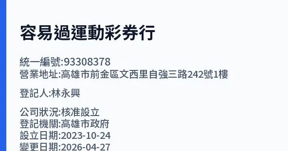 容易過運動彩券行的照片-統編 93308378(高雄市) 公司登記資料與營業項目詳細圖表