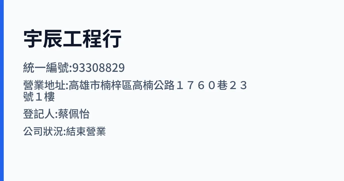 宇辰工程行 - 統編 93308829(高雄市) 公司登記資料與營業項目詳細圖表