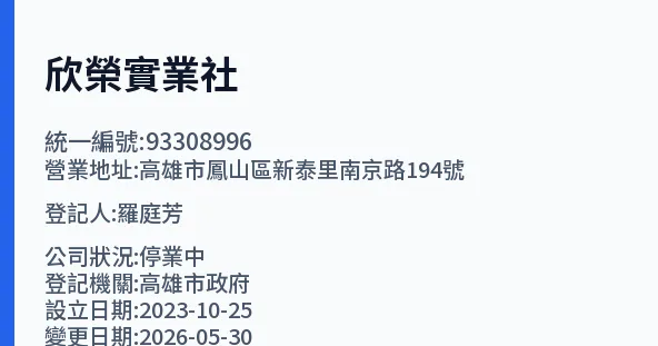 欣榮實業社的照片-統編 93308996(高雄市) 公司登記資料與營業項目詳細圖表