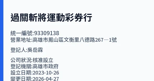 過關斬將運動彩券行的照片-統編 93309138(高雄市) 公司登記資料與營業項目詳細圖表