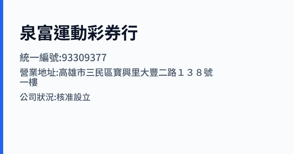 泉富運動彩券行 - 統編 93309377(高雄市) 公司登記資料與營業項目詳細圖表