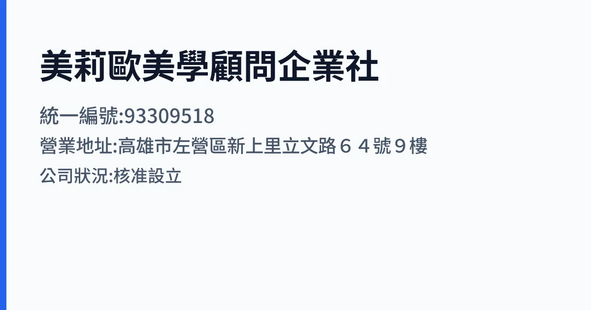 美莉歐美學顧問企業社 - 統編 93309518(高雄市) 公司登記資料與營業項目詳細圖表
