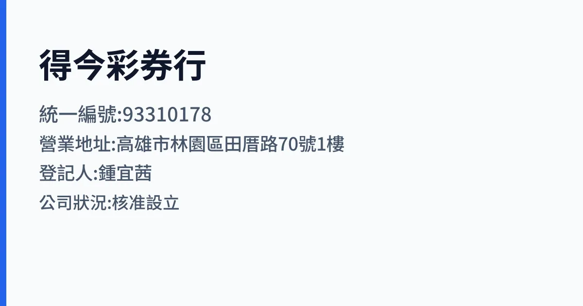 得今彩券行 - 統編 93310178(高雄市) 公司登記資料與營業項目詳細圖表
