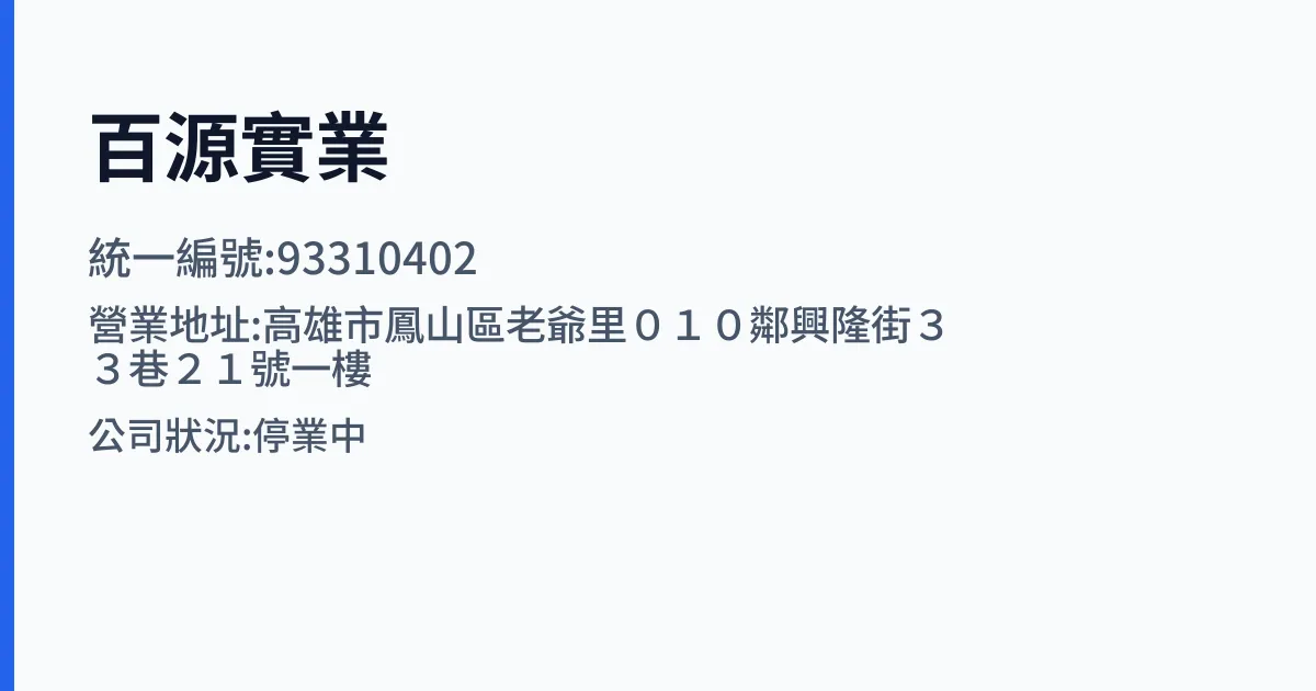 百源實業 - 統編 93310402(高雄市) 公司登記資料與營業項目詳細圖表