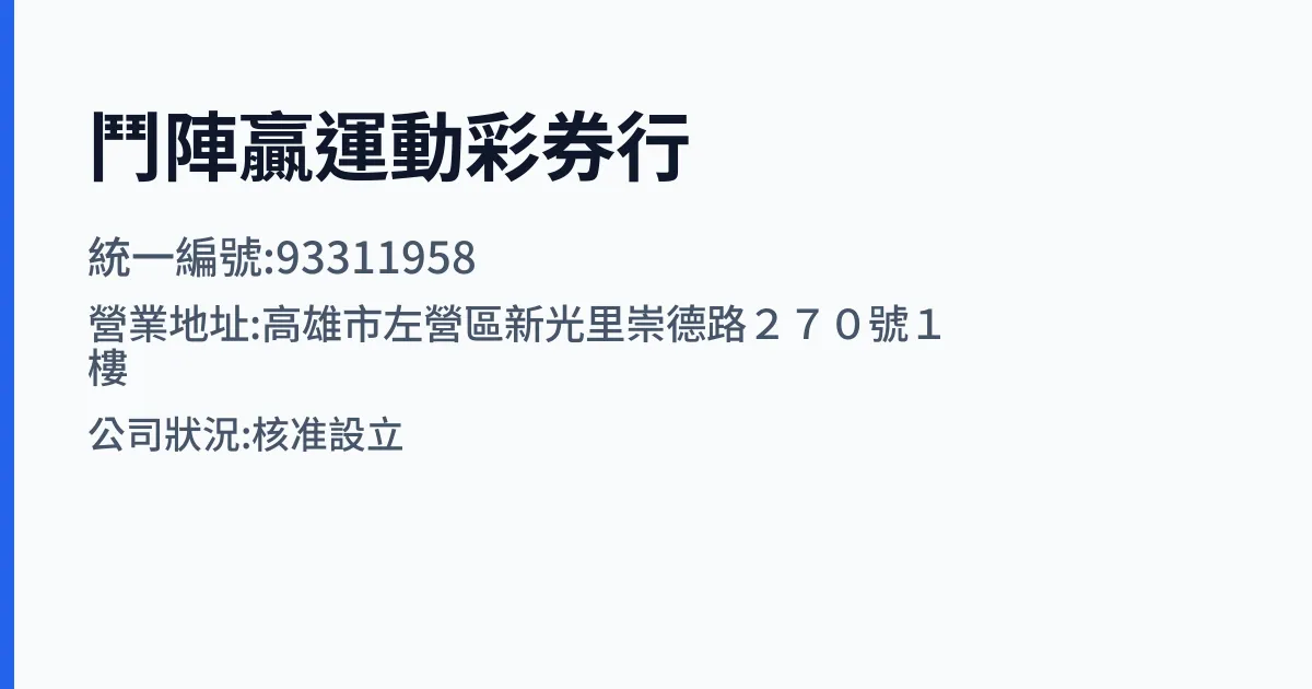 鬥陣贏運動彩券行 - 統編 93311958(高雄市) 公司登記資料與營業項目詳細圖表