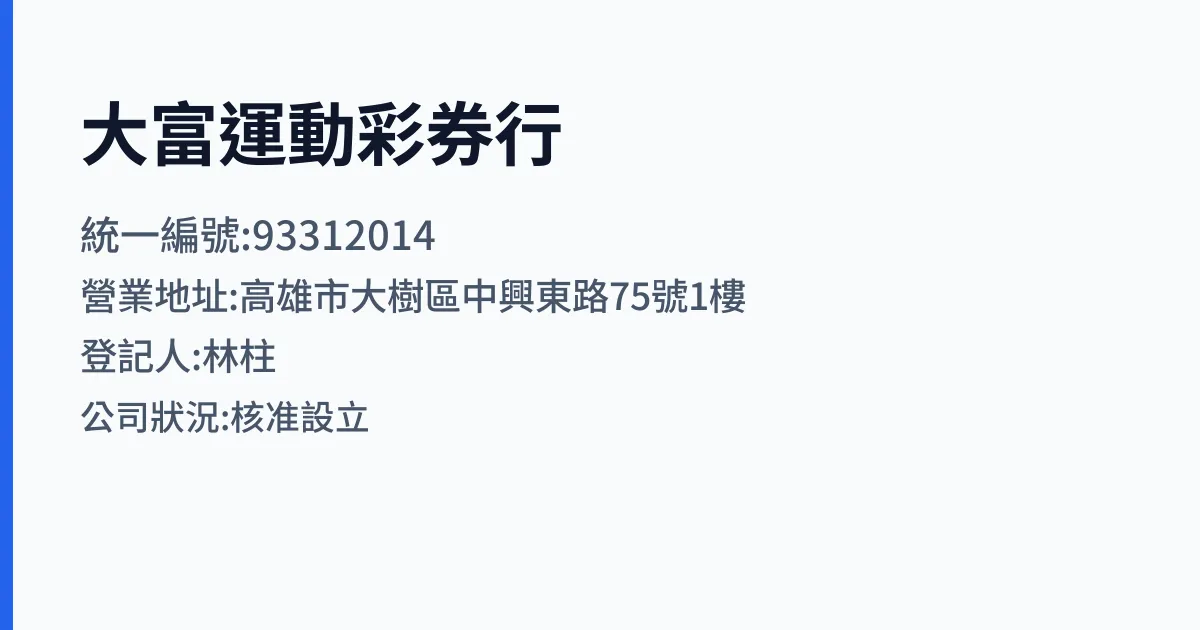 大富運動彩券行 - 統編 93312014(高雄市) 公司登記資料與營業項目詳細圖表