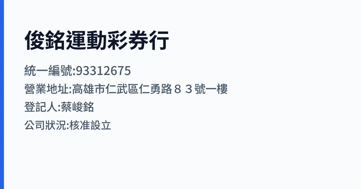 俊銘運動彩券行 - 統編 93312675（高雄市） 公司登記資料與營業項目詳細圖表