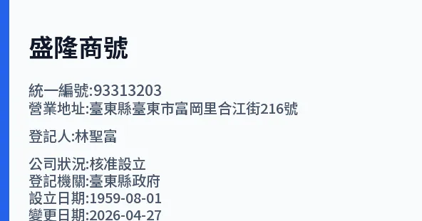 盛隆商號的照片-統編 93313203(臺東縣) 公司登記資料與營業項目詳細圖表