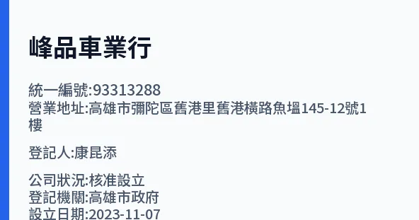 峰品車業行的照片-統編 93313288(高雄市) 公司登記資料與營業項目詳細圖表