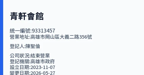 青軒會館的照片-統編 93313457(高雄市) 公司登記資料與營業項目詳細圖表