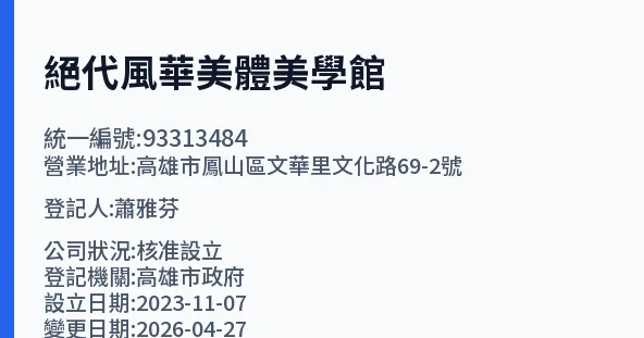 絕代風華美體美學館的照片-統編 93313484(高雄市) 公司登記資料與營業項目詳細圖表
