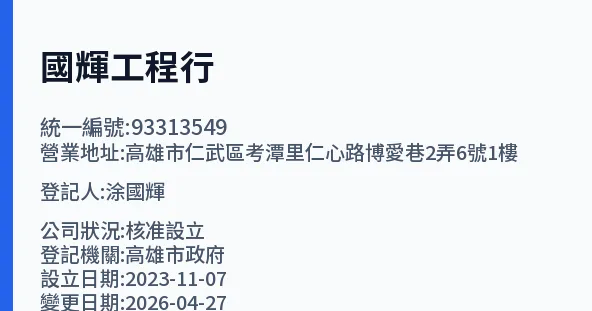 國輝工程行的照片-統編 93313549(高雄市) 公司登記資料與營業項目詳細圖表