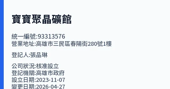 寶寶聚晶礦館的照片-統編 93313576(高雄市) 公司登記資料與營業項目詳細圖表