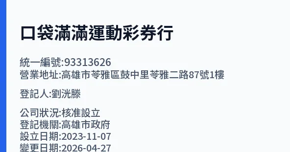 口袋滿滿運動彩券行的照片-統編 93313626(高雄市) 公司登記資料與營業項目詳細圖表