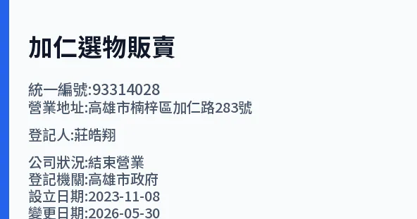 加仁選物販賣的照片-統編 93314028(高雄市) 公司登記資料與營業項目詳細圖表