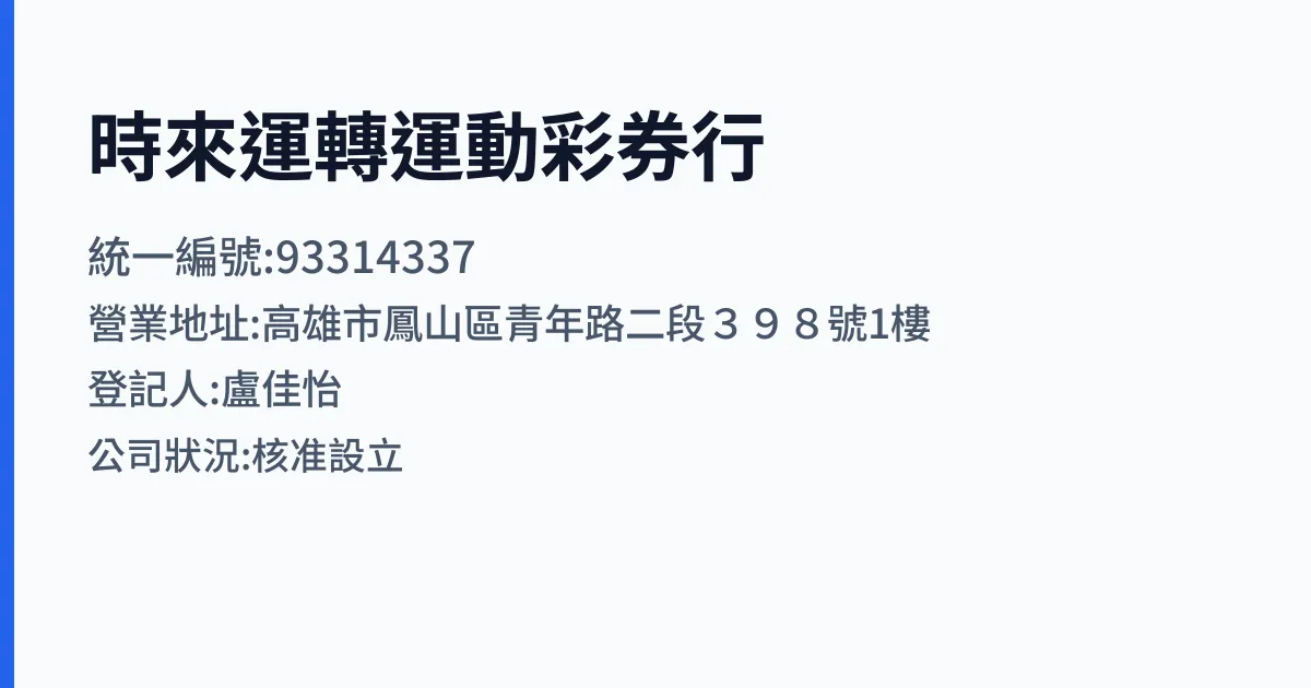 時來運轉運動彩券行 - 統編 93314337(高雄市) 公司登記資料與營業項目詳細圖表