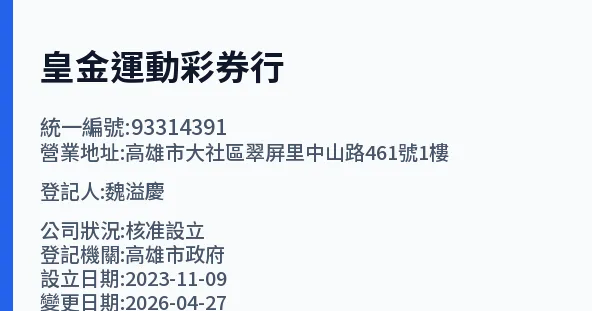 皇金運動彩券行的照片-統編 93314391(高雄市) 公司登記資料與營業項目詳細圖表