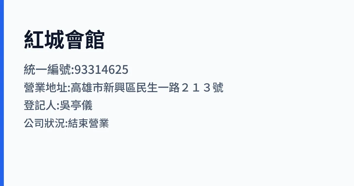 紅城會館 - 統編 93314625(高雄市) 公司登記資料與營業項目詳細圖表