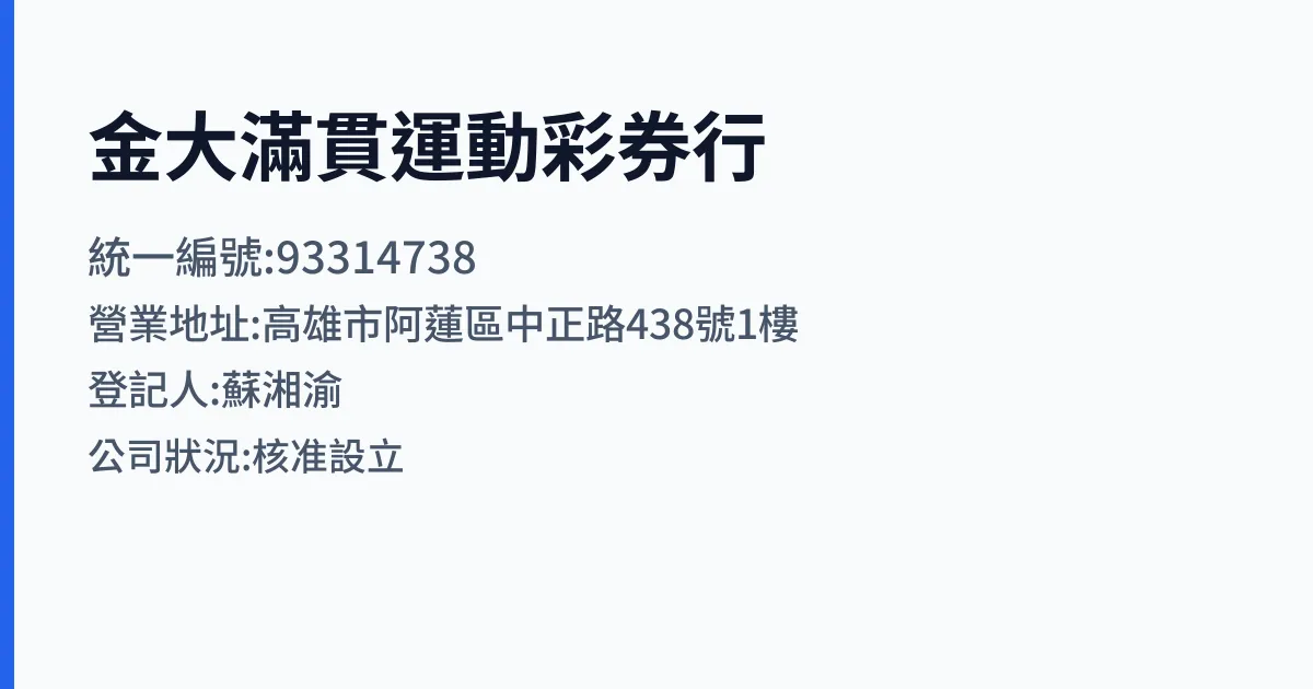 金大滿貫運動彩券行 - 統編 93314738(高雄市) 公司登記資料與營業項目詳細圖表